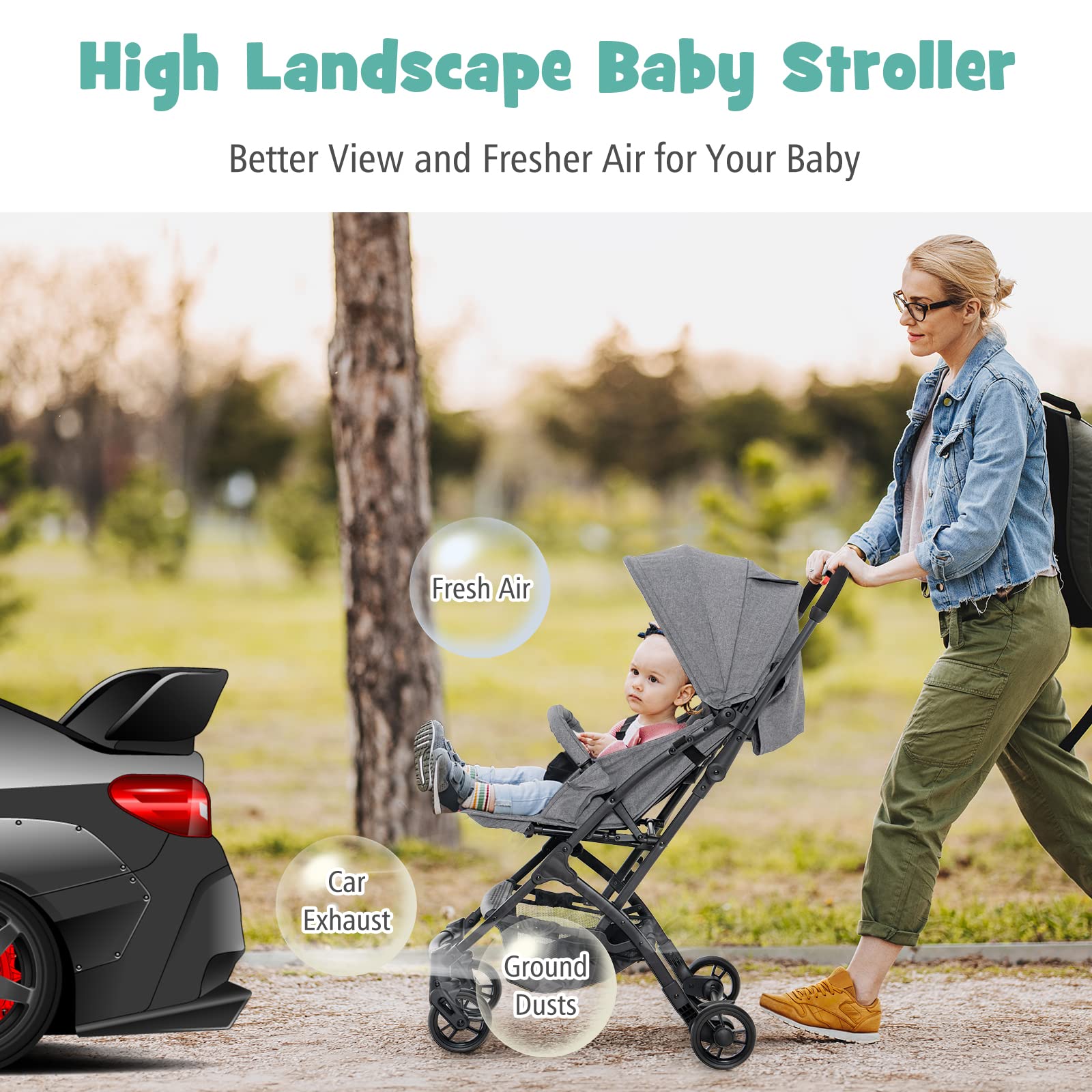 BABY JOY Lightweight Baby Stroller, Compact Travel Stroller for Airplane, Easy One-Hand Fold, High Landscape Infant Toddler Stroller with Adjustable Canopy/Backrest/Footrest, Storage Basket (Gray)