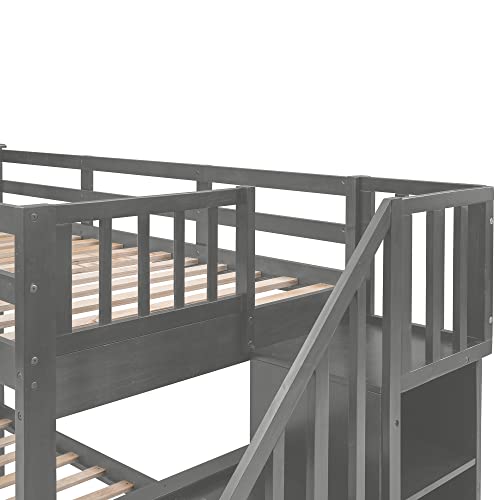 Harper & Bright Designs Twin Over Full Bunk Bed with Stairs, Solid Wood Stairway Bunk Bed Frame with Storage Drawers for Kids Teens Adults, Bedroom, Dorm (Gray)