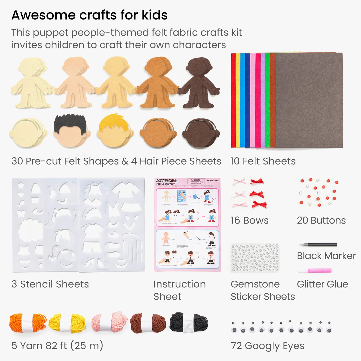 Arteza Kids Felt Kit, 272 Pieces, 30 Pre-Cut Puppet & People Shapes, 10 Felt Sheets, 3 Stencil Sheets, and Accessories, Educational Kids’ Craft Supplies to Inspire Creativity