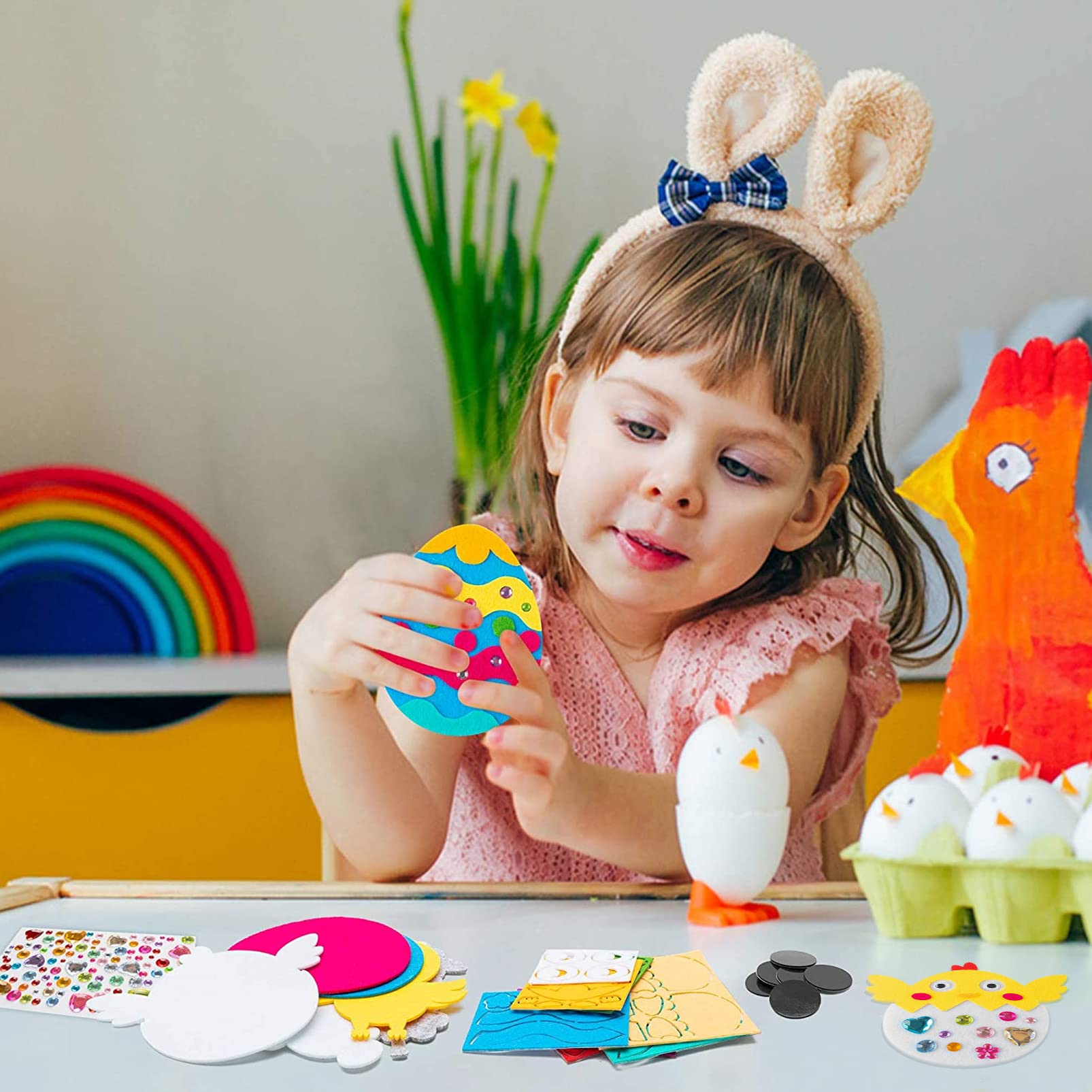 mengooo Easter Craft Kits for Kids,6 Pieces DIY Rabbit Felt Craft Ornaments,Easter Spring Party Decorations,Felt for Kids Wall,DIY Decals Art Ornaments Gift for Kids Window Scrapbook
