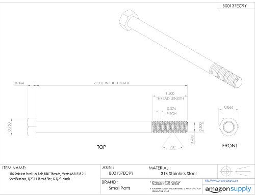 Small Parts 316 Stainless Steel Hex Bolt, Plain Finish, Hex Head, External Hex Drive, Meets ASME B18.2.1, 4" Length, Partially Threaded, 1/2"-13 UNC Threads