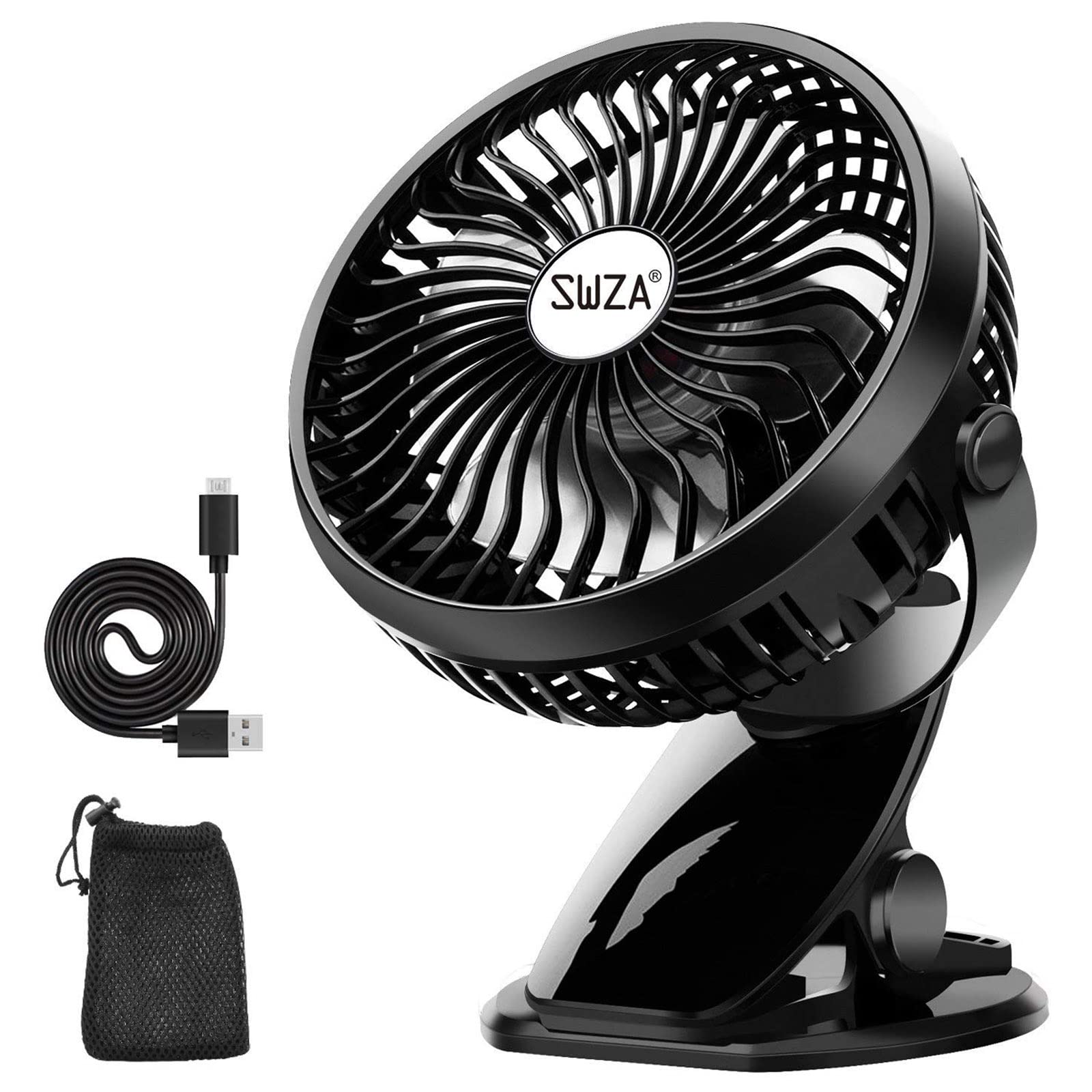 Stroller Fan Clip on Fan Rechargeable Battery Operated Fan - Powerful Airflow Low Noise - SWZA Portable Clip Fan for Baby Stroller Travel Hiking Camping