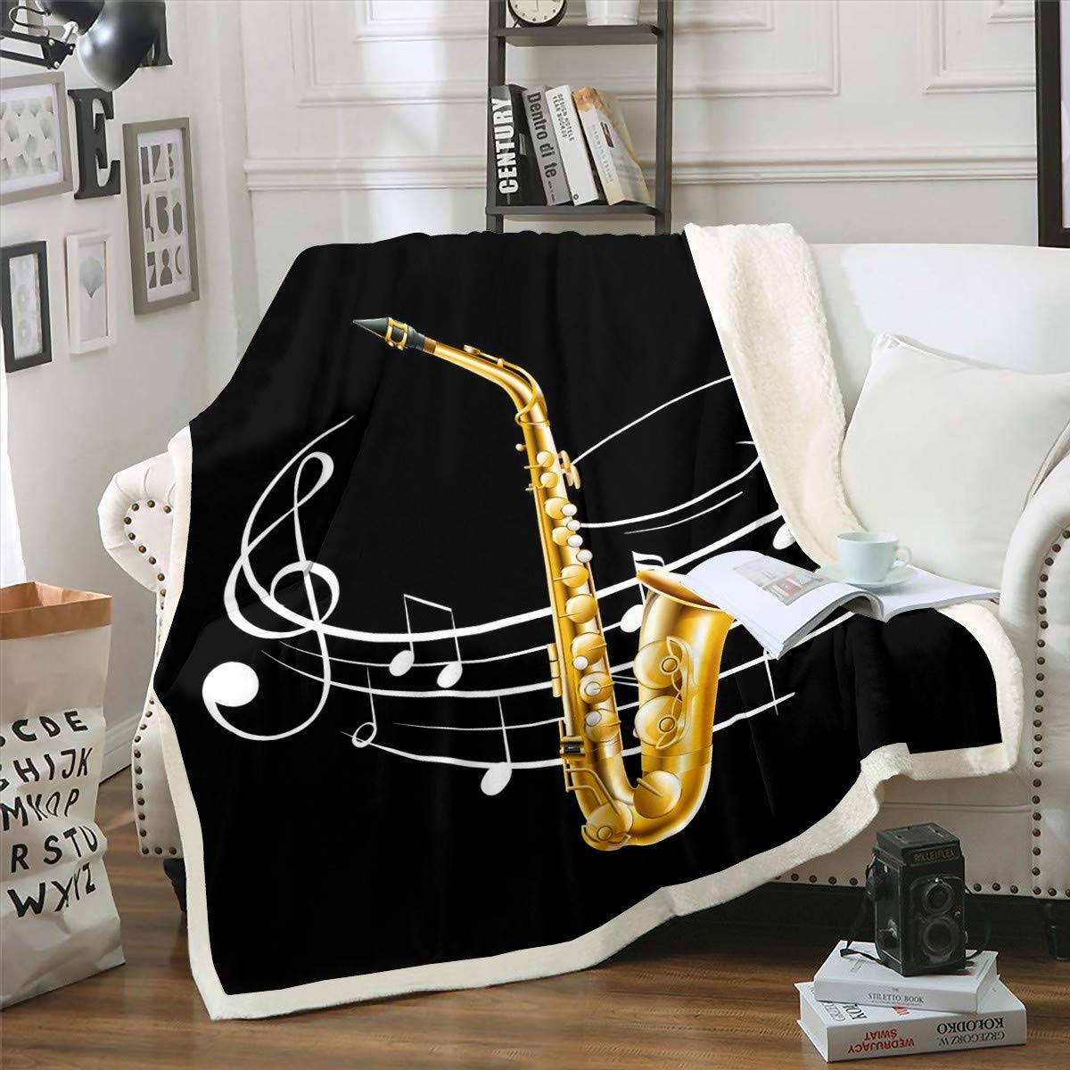 Erosebridal Saxophone Sherpa Blanket Rotating Musical Notes Fleece Blanket Musical Instrument Blanket Throw Retro Jazz Music Theme Fuzzy Blanket For Kids Boys Girls Sofa Decor Throw 50"x60" Gold Black