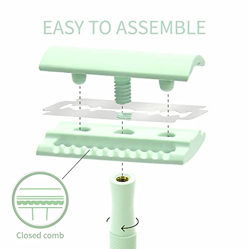 Bambaw Women Safety Razor with 5 Double Edge Safety Razor Blades, Metal Double Edge Razor, Eco Friendly Razor, Reusable & Plastic Free β Mint Green