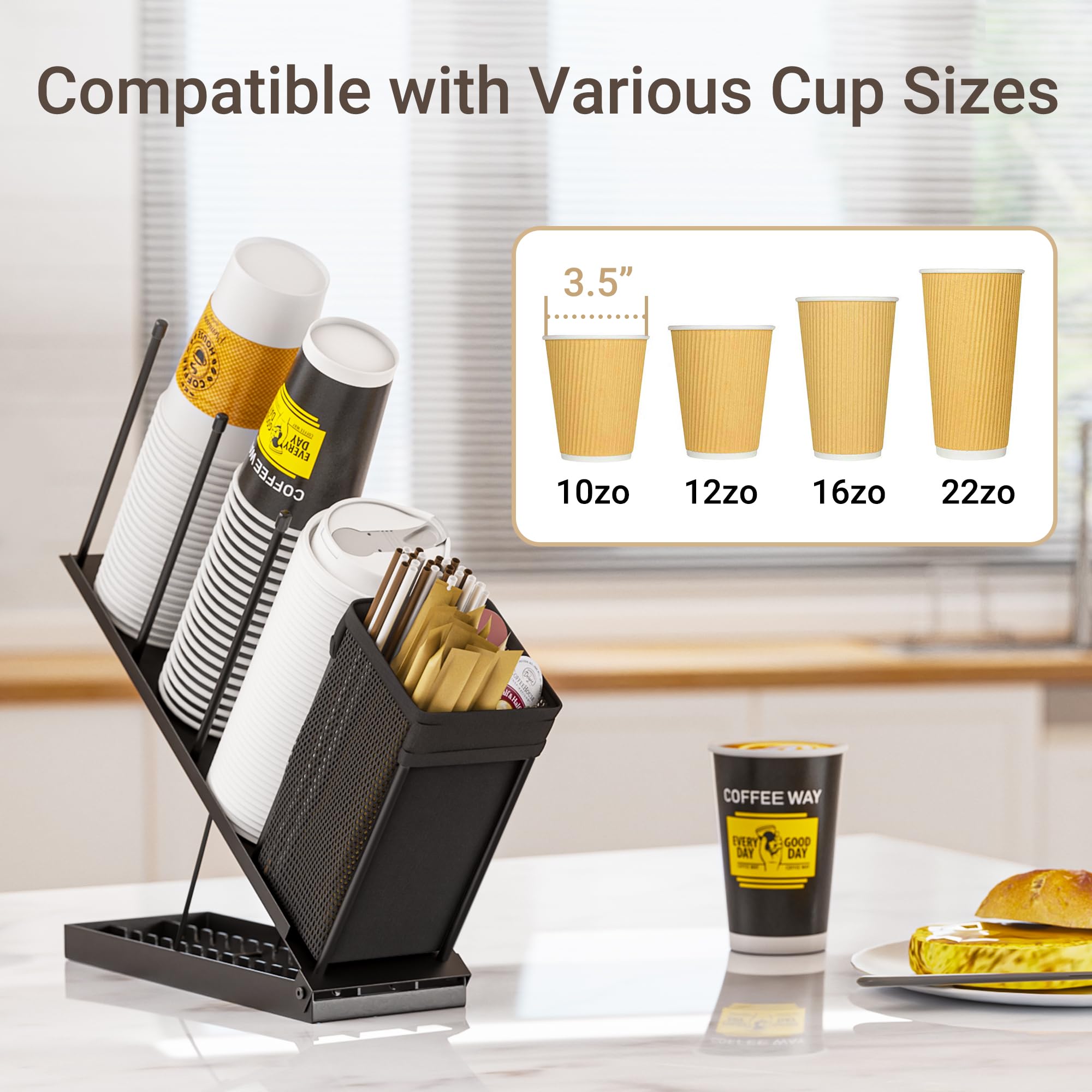 Dunatou Cup and Lid Holder, Adjustable Coffee Cup Holder Organizer, 4 Compartment Coffee Cup Dispenser, straw dispenser for Countertop Coffee Station Bar Office Breakroom, Black