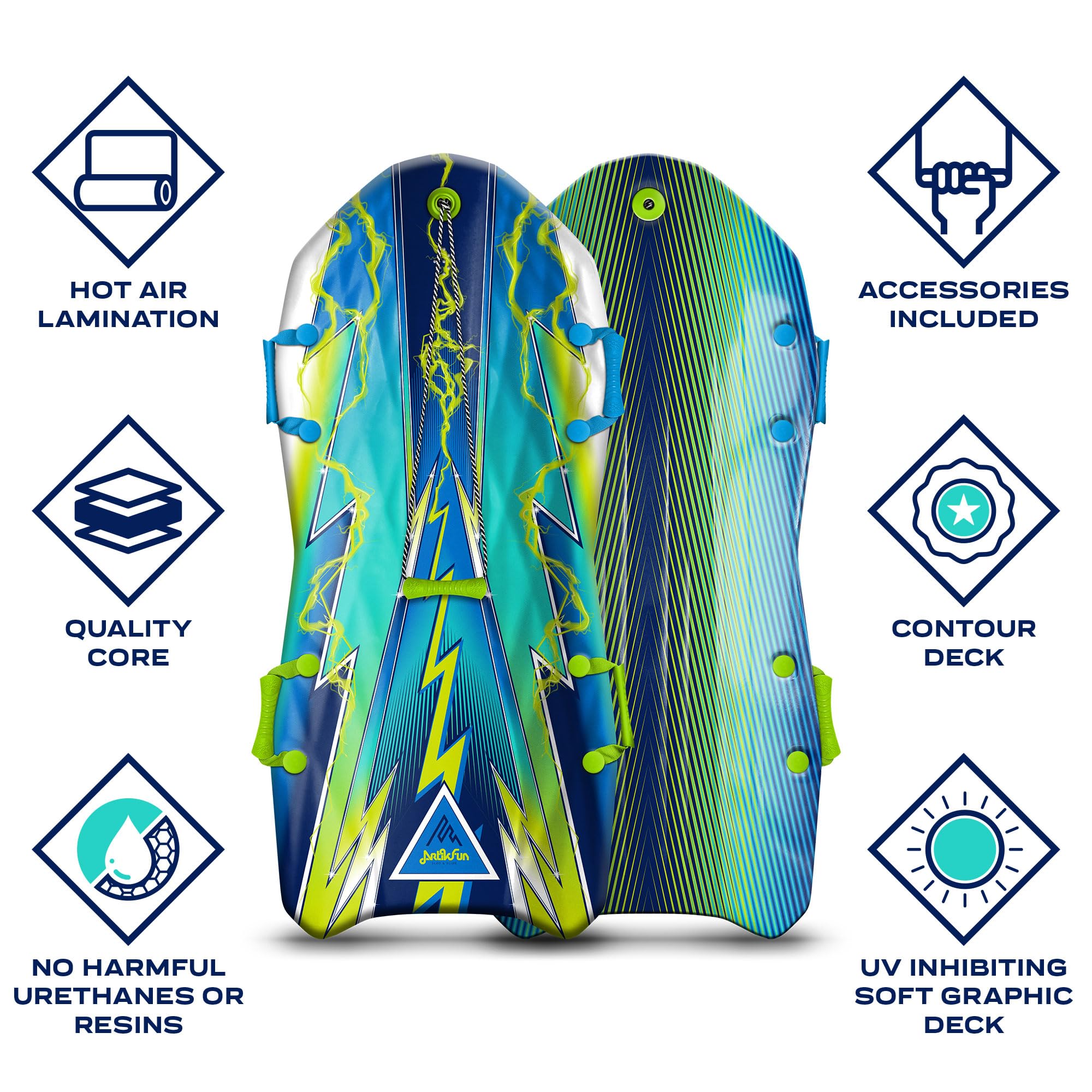 Artikfun Premium Recreational Winter Foam Snow Sled | Tow Rope and Handles | Sized for Youth and Adults | Contoured Deck Design | 50in-127cm Design Length |