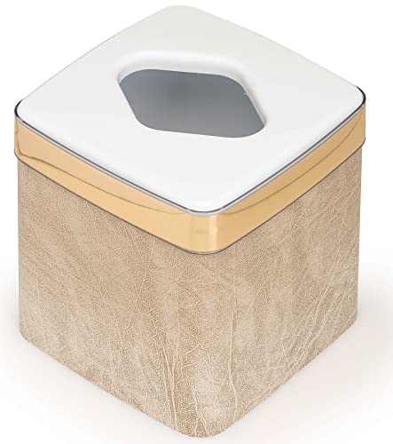 Made in USA Set of 2 Faux Beige Leather 5-Gallon Vinyl Waste Basket & Cube Tissue Box Cover
