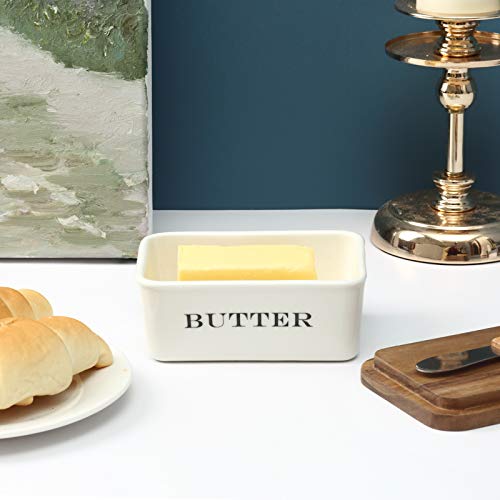 everous Butter Dish - Beautiful Farmhouse Kitchen Decor Butter Container With Wooden Lid and Knife(White)
