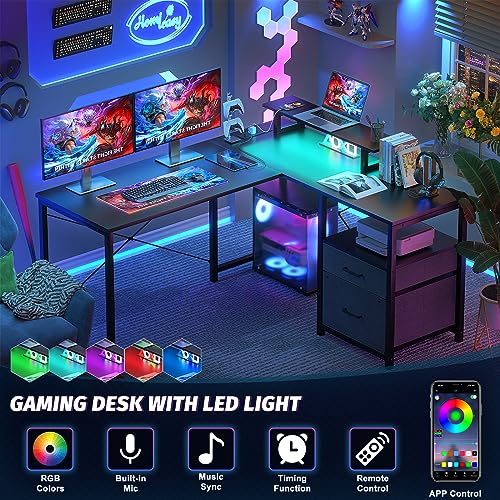 Homieasy L Shaped Computer Desk with Storage File Drawer, Reversible Home Office Desk with Recessed Power Strip and Led Strip, Corner Gaming Desk Work Study Table with Monitor Stand, Black