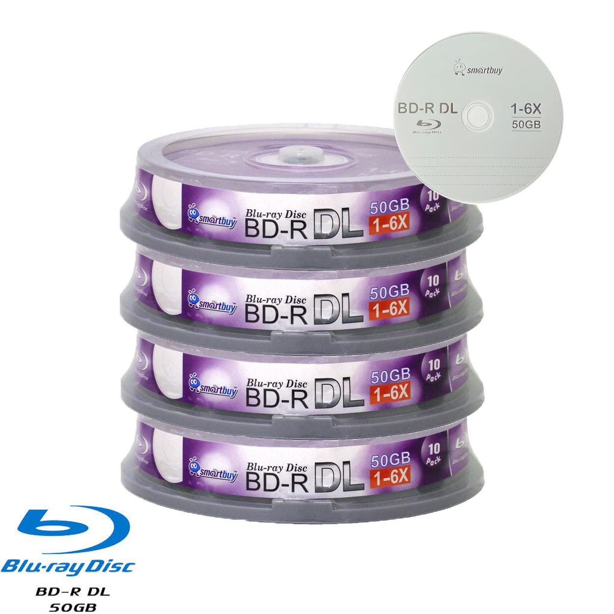 Smart Buy 40 Pack Bd-r Dl 50gb 6X Blu-ray Double Layer Recordable Disc Blank Logo Data Video Media 40-Discs Spindle