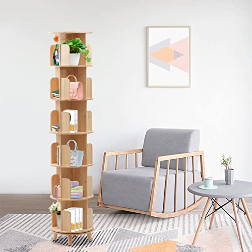 GNJINX Rotating Bookshelf, 6 Tier Solid Wood 360 Display Floor Standing Bookcase Storage Rack, Free Standing Wood Bookcases for Kids&Adults Multi-Functional Bookshelf Organizer(6 Tier)
