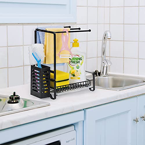Feverdes Sponge Holder with Drain Pan for Kitchen Sink, Metal Kitchen Sink Caddy Organizer Dish Soap Holder with Drainboard for Kitchen, Bronze