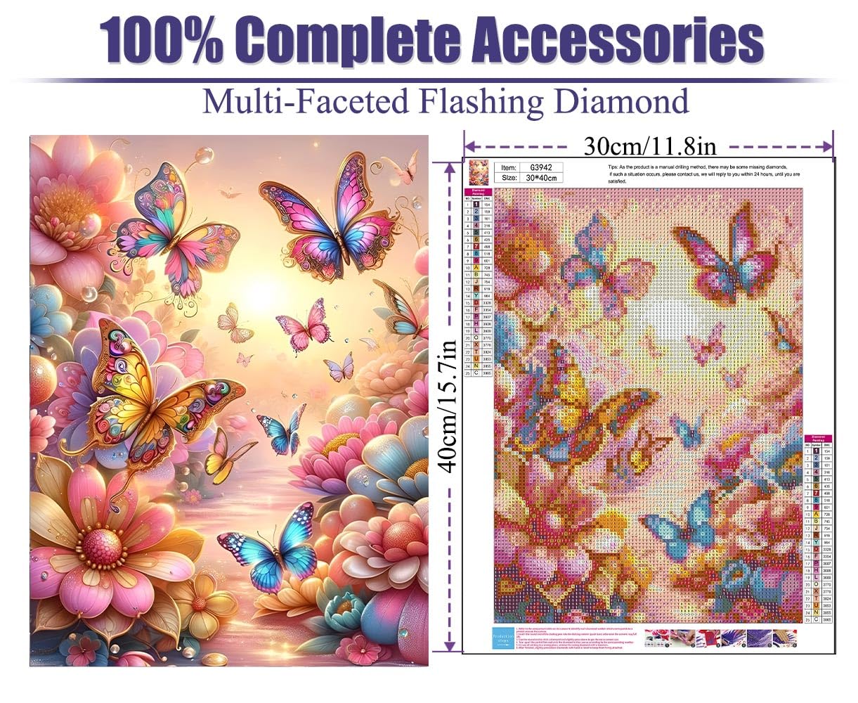 CEUHROG 5D Diamond Painting Kits for Adults, Butterflies Diamond Art Kits for Adults Beginners, DIY Full Drill Crystal Gem Art for Home Wall Decor 12 x 16 Inch