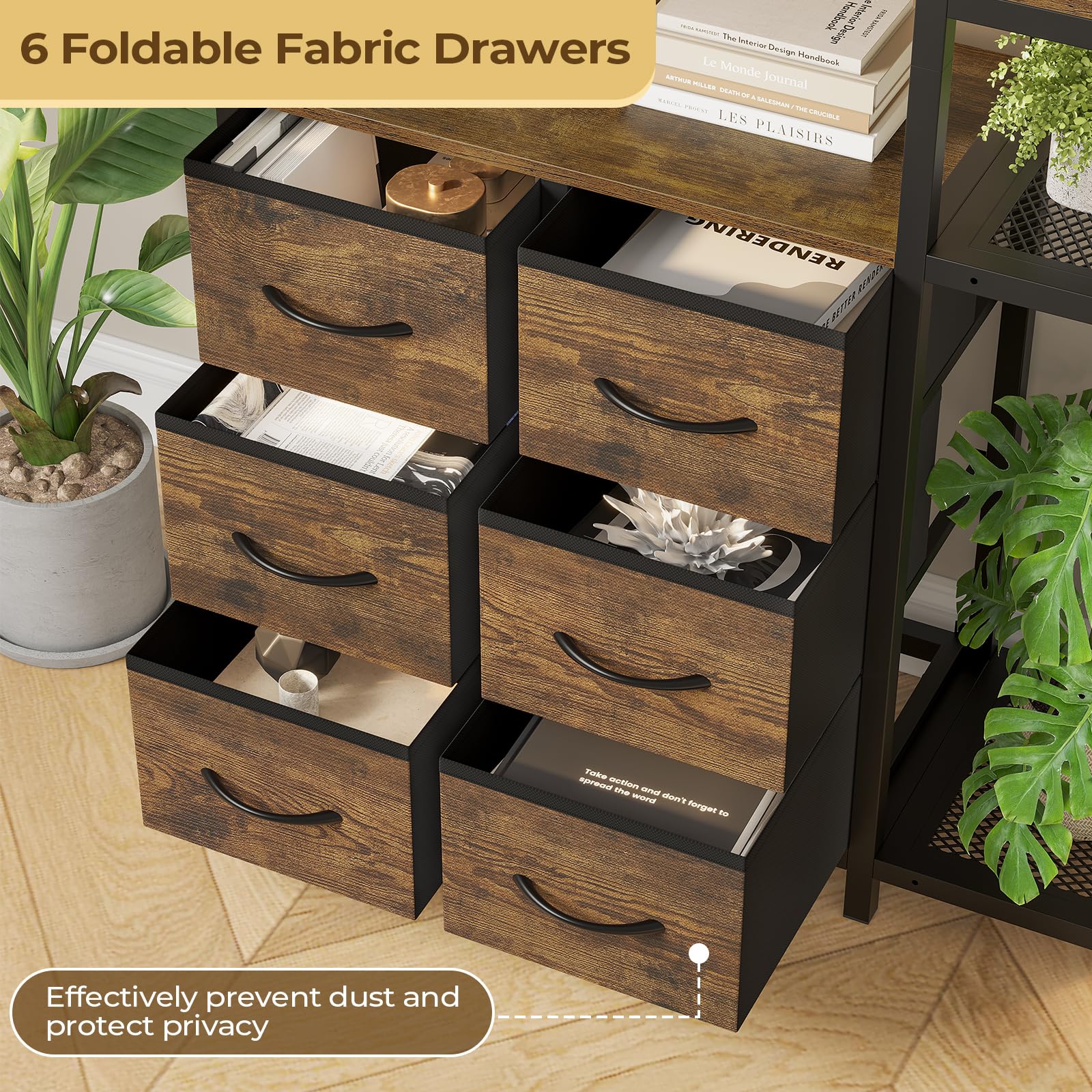 BTHFST Corner Bookshelf with 6 Fabric Drawers, Convertible Tall Bookcase 7 Tier, Industrial Book Shelf with Metal Frame, Wide Bookshelves for Living Room Home Office, Rustic Brown & Black