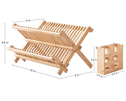 HBlife Bamboo Folding 2-Tier Collapsible Drainer Dish Drying Rack with Utensils Flatware Holder and Dish Plate Bowl Cup Book Pot Lid Cutting Board Drying Rack Stand