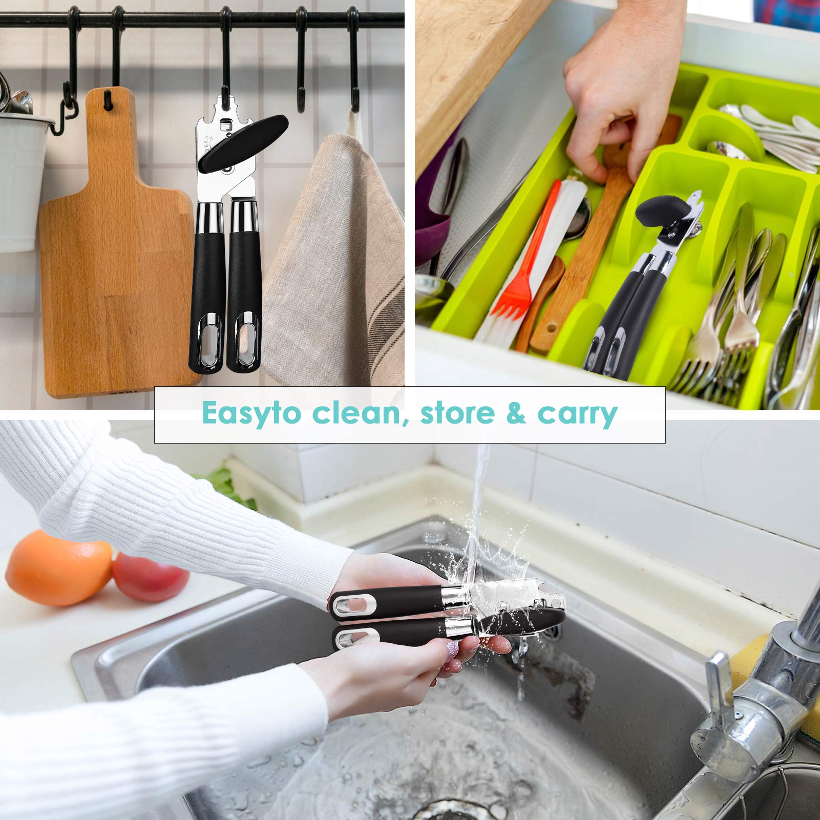 Can Opener, Kitchen Aid Can Opener Manual Smooth Edge Food Safety Cut 3-in-1 Can Openers Bottle, Can Opener Handheld with Bottle Opener, Easy to Use