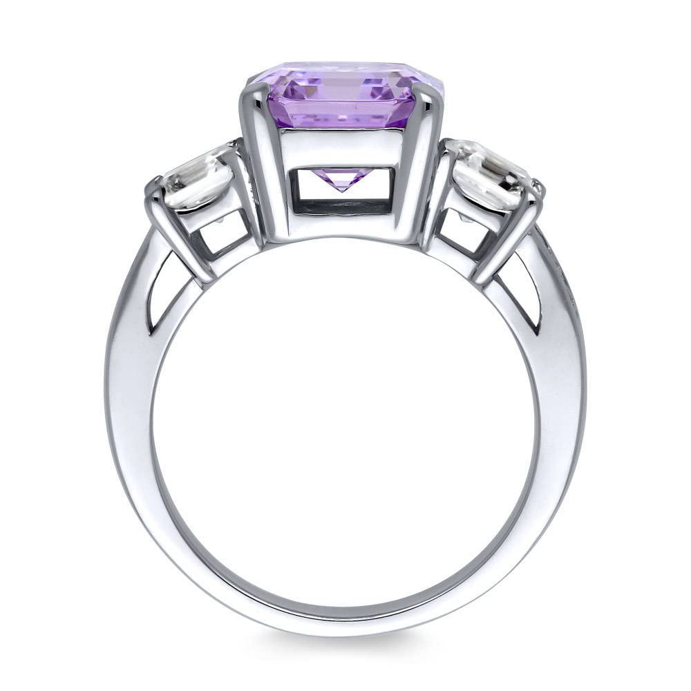 BERRICLE Sterling Silver 3-Stone Wedding Engagement Rings Purple Asscher Cut Cubic Zirconia CZ Statement Cocktail Anniversary Ring for Women, Rhodium Plated Size 8