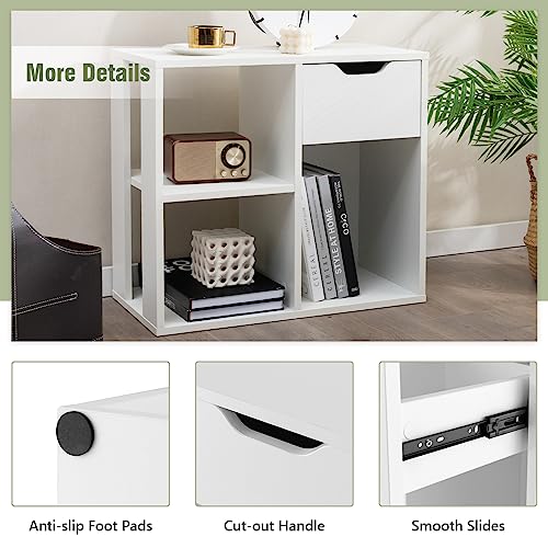 Giantex 3 Cube Bookcase with Drawer White, 21" Wooden Floor Standing Storage Organizer w/Open Storage Cabinet, Freestanding Display Shelf for Bedroom Living Room Kid’s Playroom Reading Nook (1)