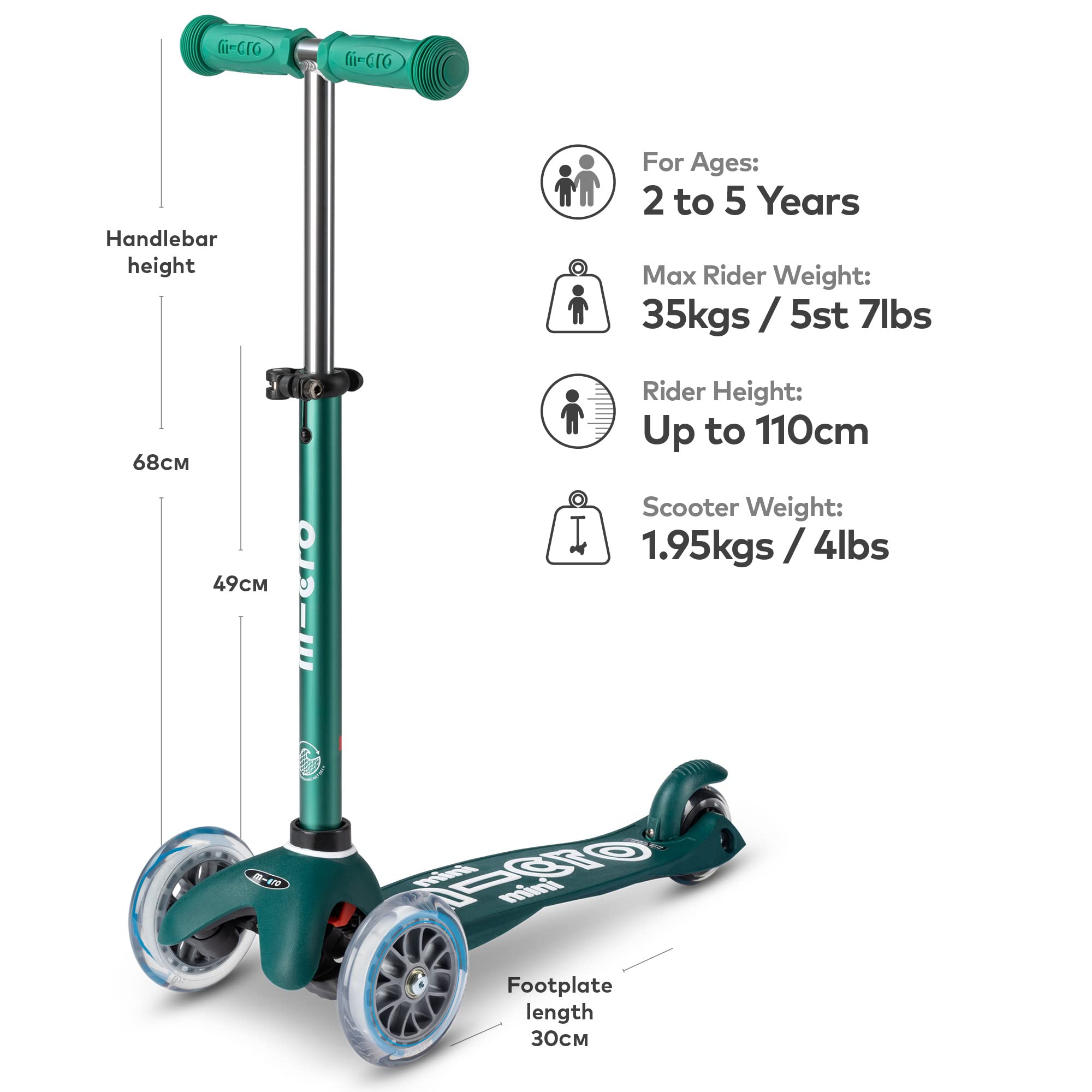 Micro Kickboard - Mini Deluxe Eco, 3-Wheeled, Lean-to-Steer, Swiss-Designed Micro Scooter Made with Recycled and Sustainable Materials, for Preschool Kids, Ages 2-5 (Dark Green)