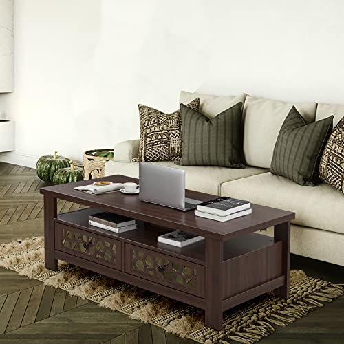 Giantex 3-Tier Coffee Table, 47" Rectangular Center Table w/Acrylic Mirror Design, Wooden Table w/Large Tabletop, Open Shelf, 2 Drawers & 5 Support Legs, Accent Living Room Furniture (Brown)