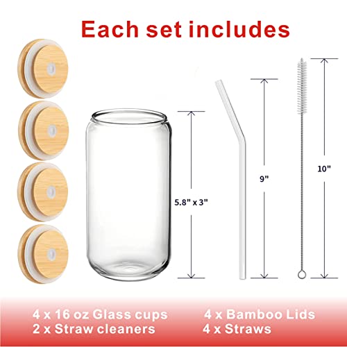 CAKRETY Glasses with Bamboo Lids and Glass Straw 4pcs Set, 16oz Can Shaped Glass Cups, Beer Glasses, Iced Coffee Glasses, Soda, Gift 2 Cleaning Brushes