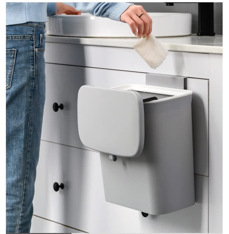 Kitchen Gear. Hanging Trash can with Cabinet Bracket and lid. 2.4 Gallon. Functions as a Small Garbage can or Compost bin. Hangs in Kitchen or Bathroom Using Cabinet Bracket or Wall Hanger.