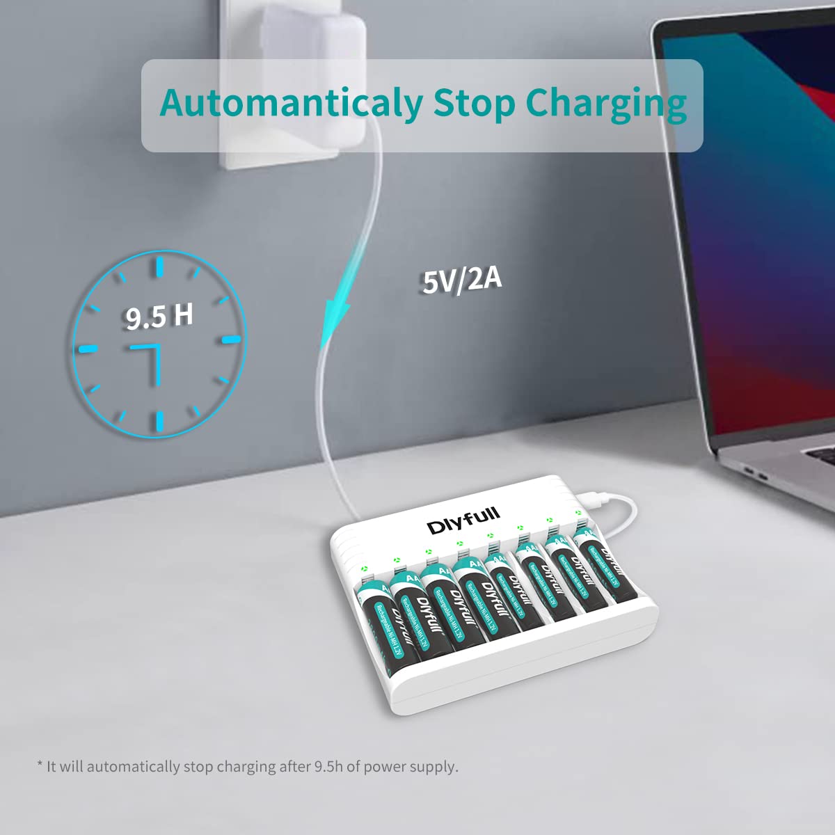 Dlyfull 8 Bay AA AAA Battery Charger with Type-C High-Speed Charging, Independent Slot for Ni-MH Ni-CD Rechargeable Batteries, Cable Included