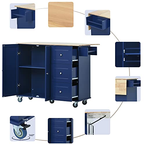 FEELLE Rolling Mobile Kitchen Island with Drop Leaf - Solid Wood Top, Locking Wheels & Storage Cabinet 52.7 Inch Width(Dark Blue)