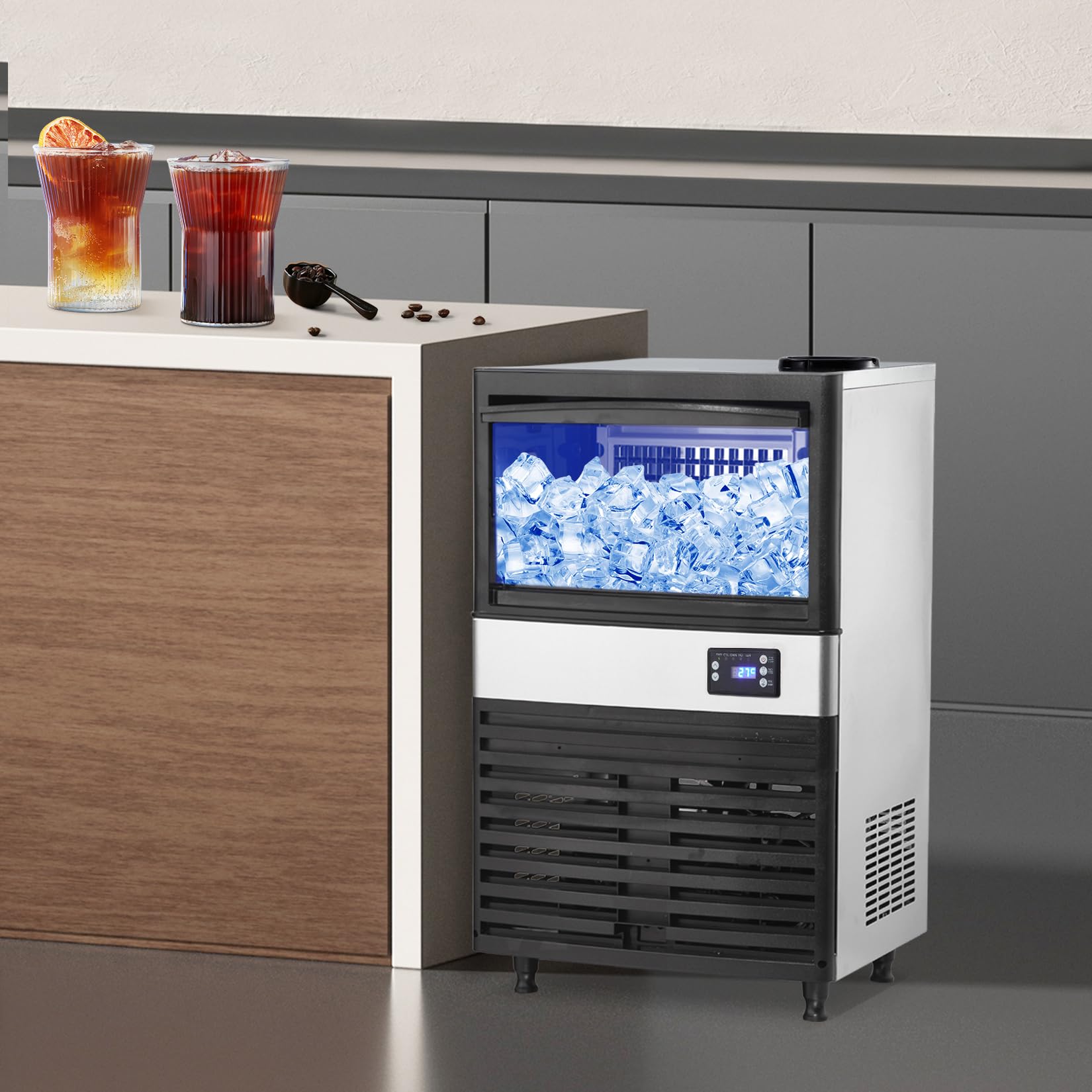 Commercial Ice Maker Machine 120Lbs/24H with 26Lbs Storage Capacity, 60Pcs/Cycle Ice Cubes, Stainless Steel Under Counter Freestanding Ice Machine, 2 Water Inlet Modes