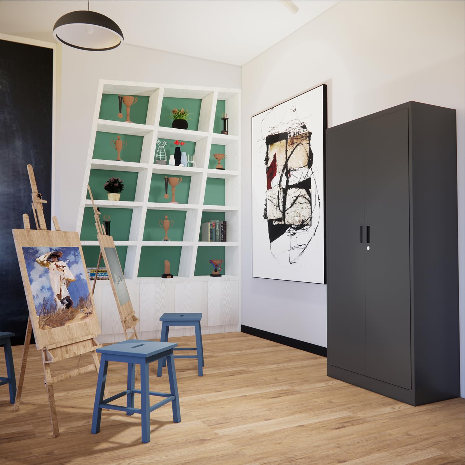 Metal Storage Cabinet with 2 Doors and 4 Shelves, Lockable Steel Storage Cabinet for Office, Garage, Warehouse, 70.86" H x 31.5" W x 15.75" D (Black)