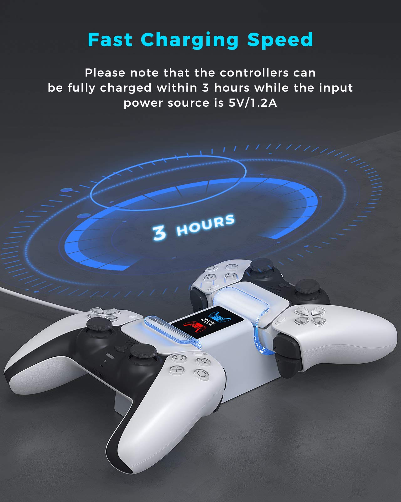 Vivefox Upgraded PS5 Controller Charger, Dual Charging Dock Station for Playstation 5 PS5 Controller with 5V/1.2A Fast Charging Cable, Playstation 5 Charging Station with LED Indicator