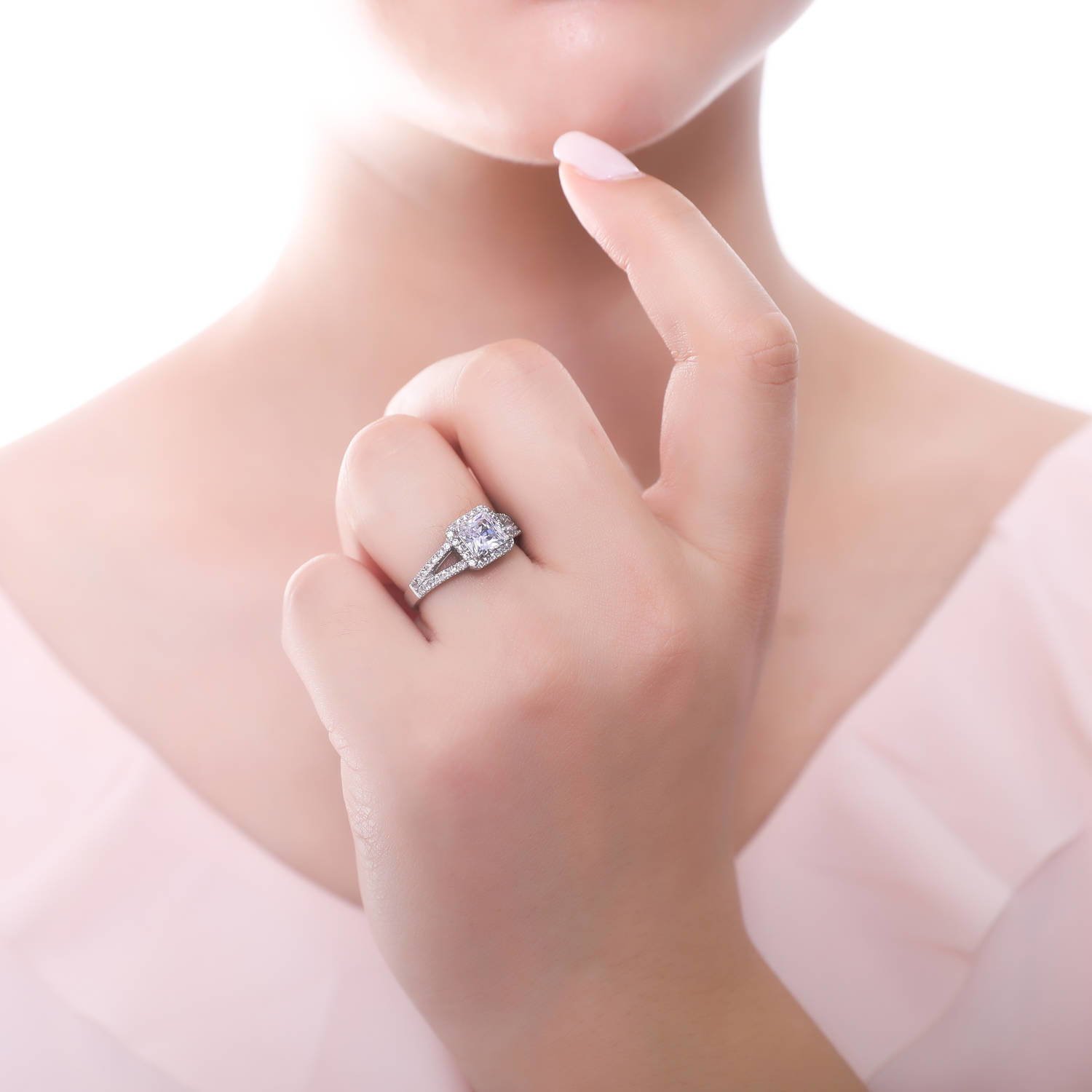 BERRICLE Sterling Silver Halo Wedding Engagement Rings Princess Cut Cubic Zirconia CZ Promise Split Shank Ring for Women, Rhodium Plated Size 6