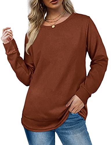 Dofaoo Long Sleeve T Shirts for Women Loose Fitting Sweatshirts Trendy Caramel M