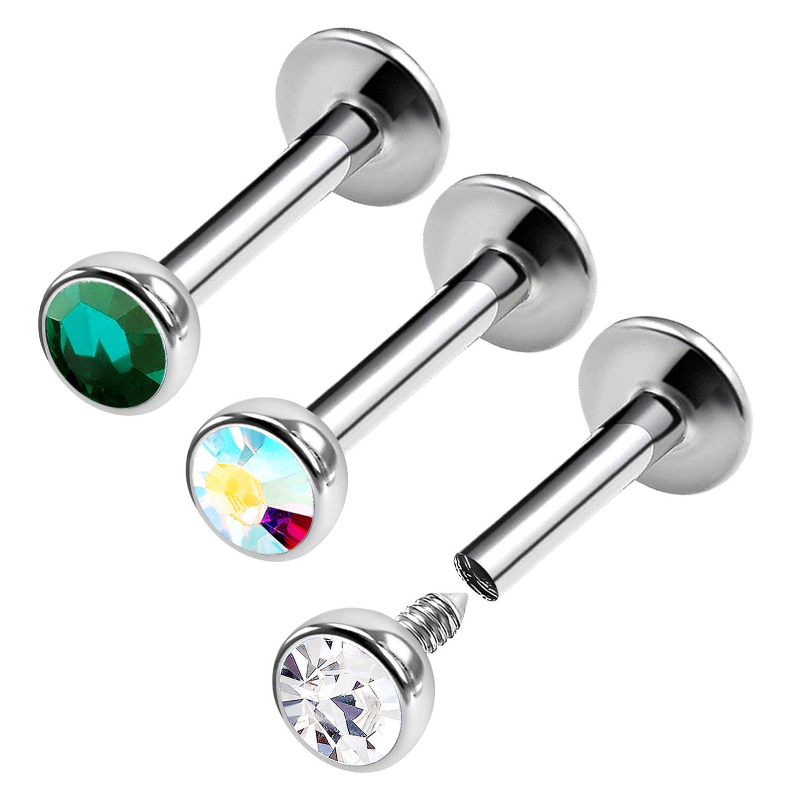 BanaVega 3PCS Steel Internally Threaded Labret Rings 16g 1/4 6mm 3mm Emerald Crystal Lobe Earrings Snake Bite Piercing Jewelry 0466