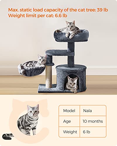 Feandrea Cat Tree, Small Cat Tower, Cat Condo, Kitten Activity Center with Scratching Post, Basket, Cave, Smoky Gray UPCT59G