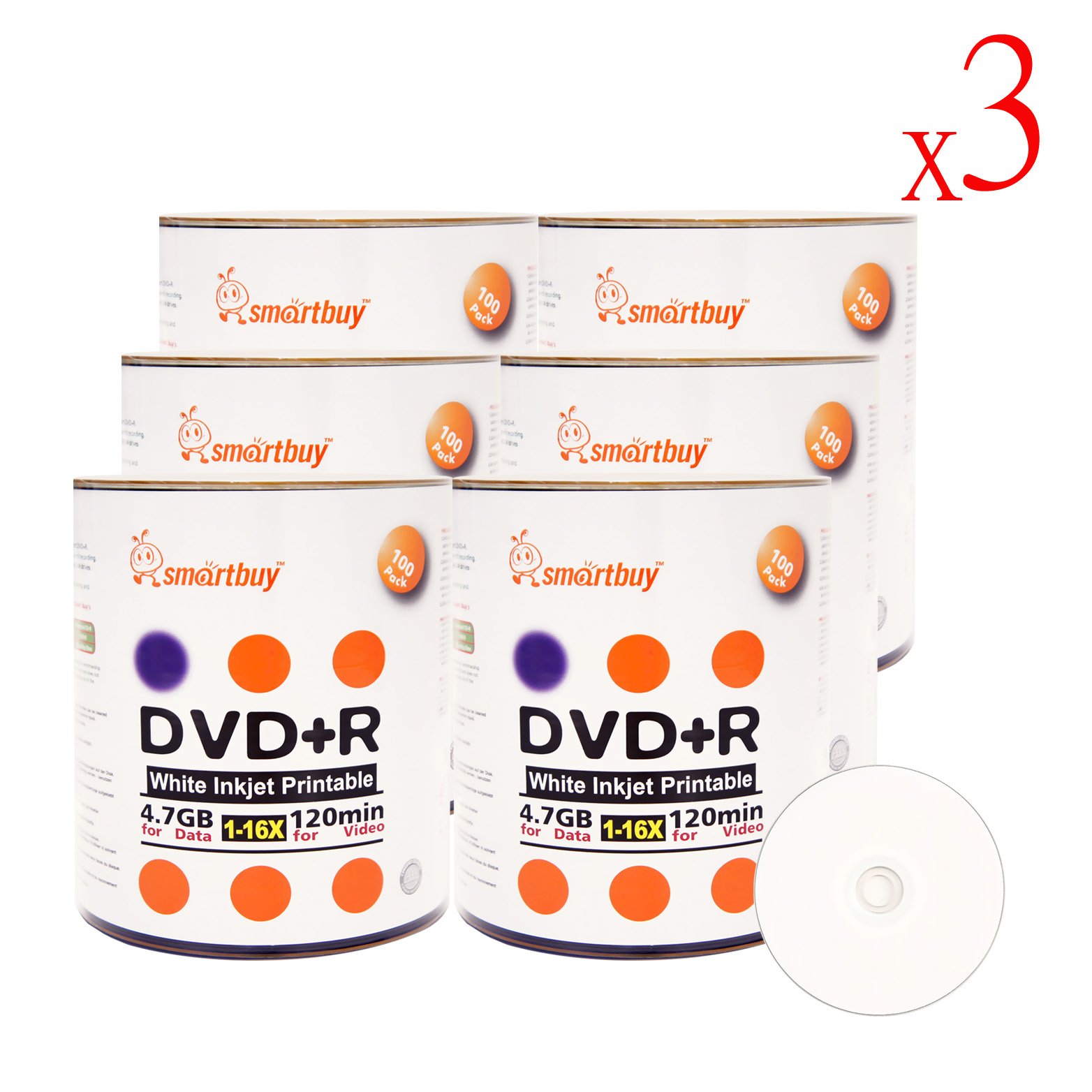 Smartbuy 1800-disc 4.7gb/120min 16x DVD+R White Inkjet Hub Printable Blank Data Recordable Media Disc