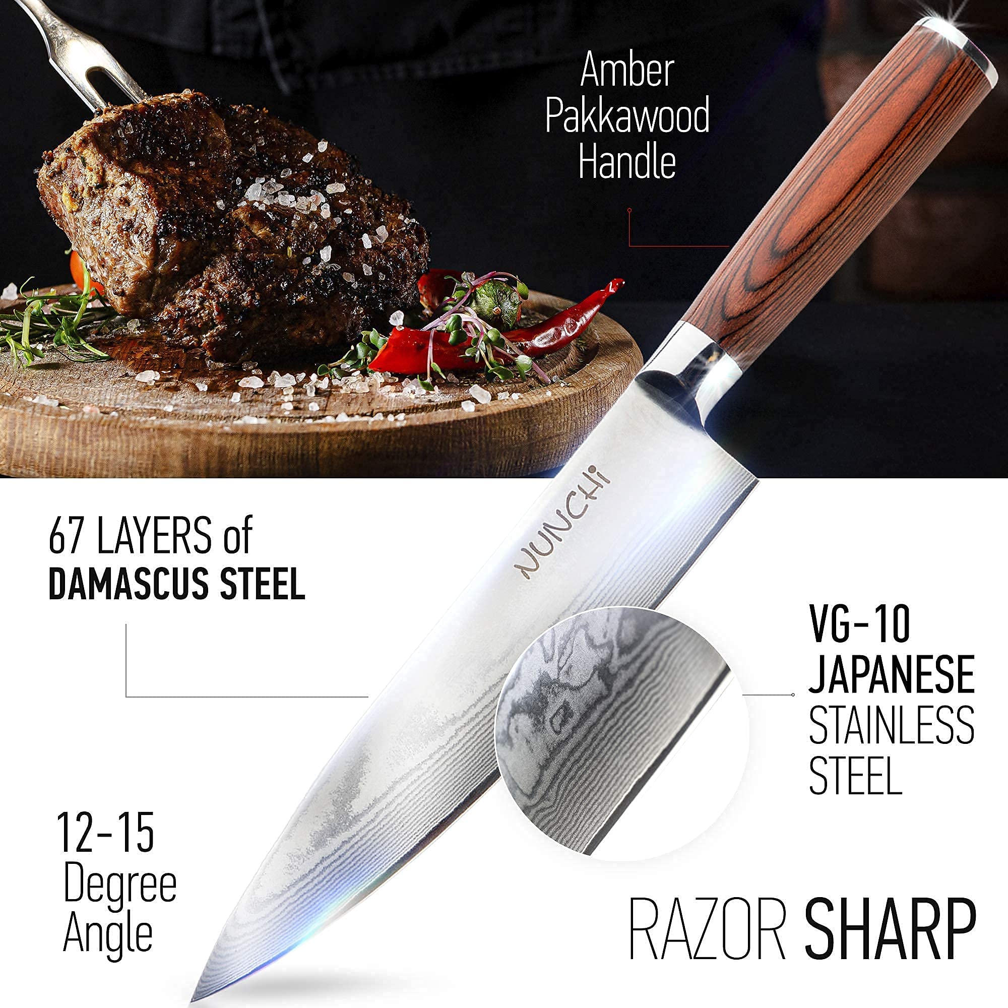 Chef Kitchen Knife - Professional Japanese Damascus 8 inch Blade with VG-10 Stainless Steel, Beautiful Handcrafted 67 layer Ultra Sharp