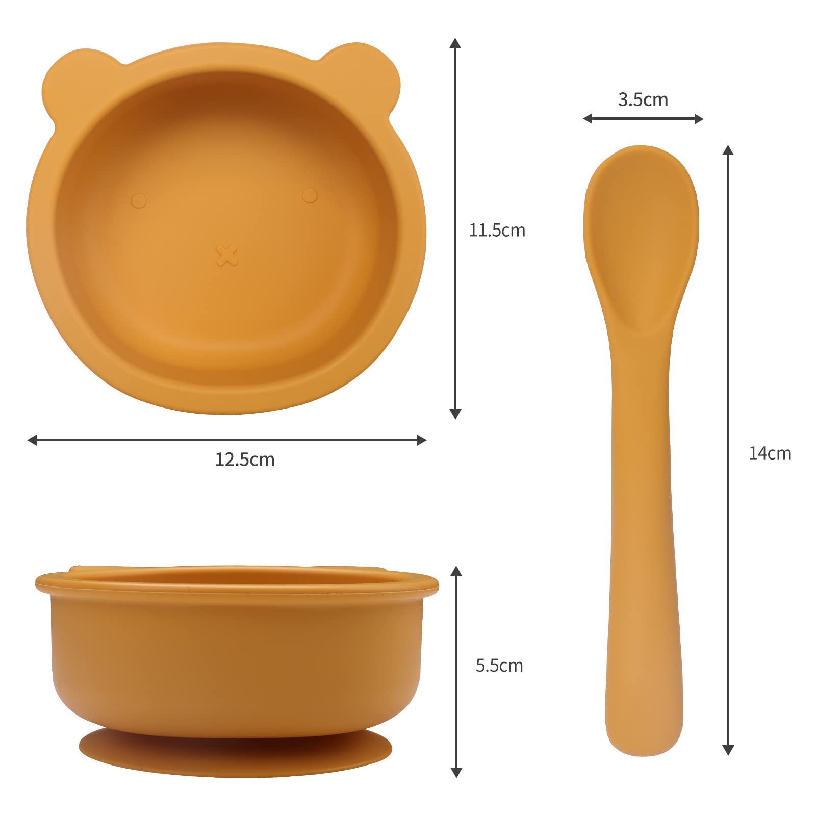 btrfe Silicone Baby Bowls with Suction | 2 Pack Toddler Bowls and Spoons | Baby Feeding Set | Dishwasher & Microwave Safe BPA Free (Dark Gray + Turmeric)