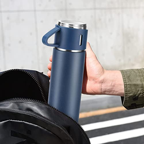 Coffee Thermos Stainless Steel Vacuum-Insulated Water Bottle, 500ml/16.9oz Insulated Bottle with Cup for Hot & Cold Drink Travel Mug (Blue, Three Cup)
