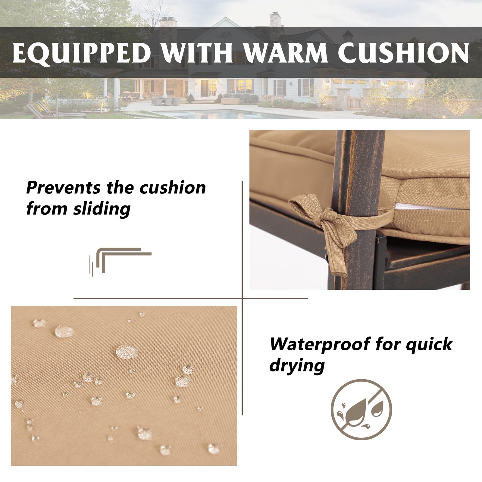 MAGIC UNION 2 Pieces Patio Dining Chairs, Outdoor Cast Aluminum Chairs with Armrest, Patio Bistro Chair Set of 2 for Garden, Backyard, Deck (2pcs A- Grid Chair with Khaki Cushion)