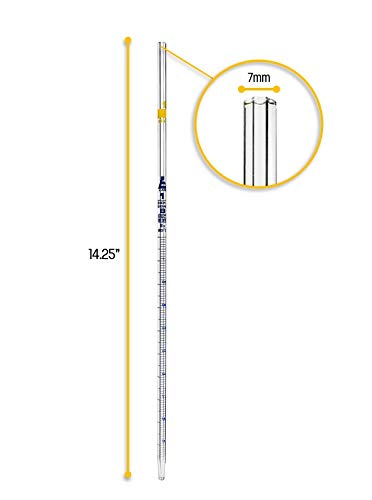 EISCO Serological Pipette, 1ml - Class B, Tolerance ±0.010ml - Blue Graduations - Color Code, Yellow - Calibrated for Delivery to Jet - Borosilicate Glass