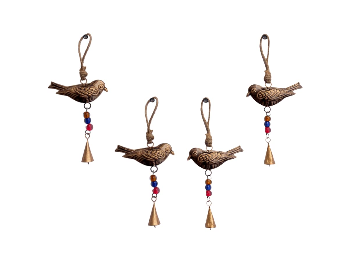Mie Creations Sparrow Décor, Metal Birds Carved Wings, Feather (Set of 4) | Wildlife Wall Art Hanging, Garden Miniature Ornaments for Crafts, Home | Rustic Gold Bird Figurines with Jingle Bells-4.5''