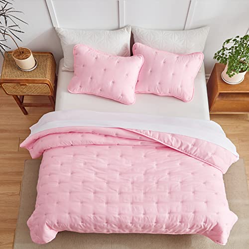 Joyreap 3 Pieces Quilt Set Queen Size Pink, Microfiber Lightweight Quilt Bedding Set, Bedspread Coverlet Bed Cover for All Season, 1 Quilt and 2 Pillow Shams- 90x90 inches