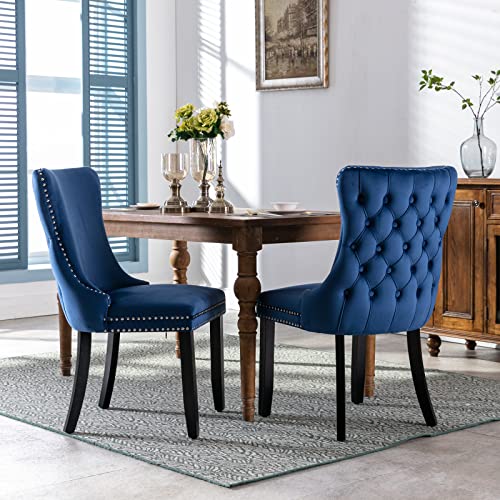 HomSof Upholstered Wing-Back Dining Chair with Backstitching Nailhead Trim and Solid Wood Legs, Set of 2, one Size, Blue