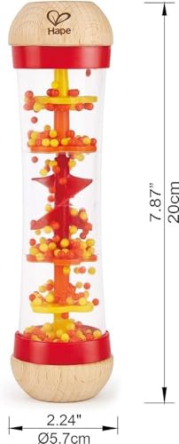 Hape Beaded Raindrops | Mini Wooden Musical Toddler Instrument, Shake & Rattle Rainmaker Toy, Red