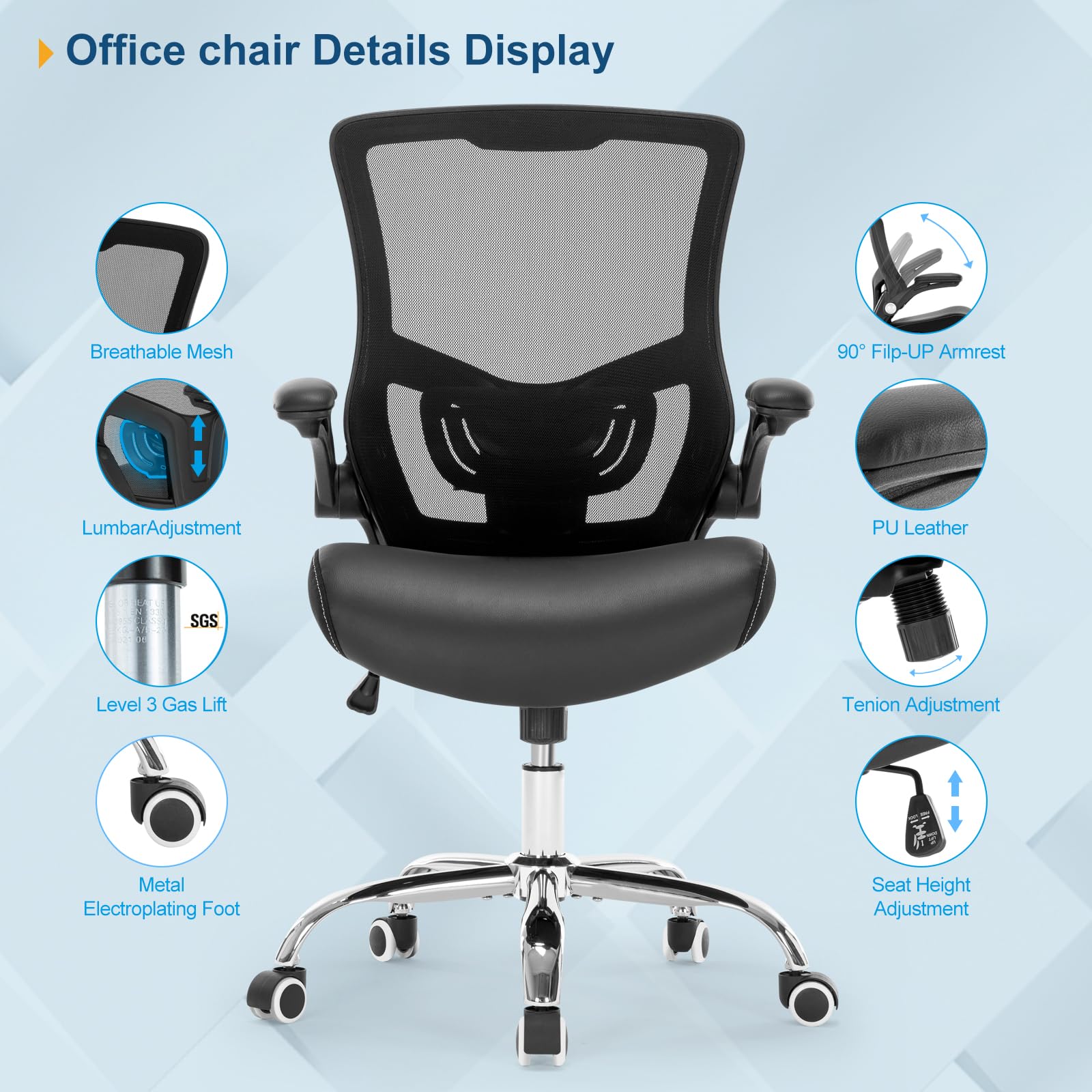 Chairoyal Office Chair -PU Cushion Ergonomic Mesh Back Home Office Desk Chairs with Adjustable Lumbar Support & Seat Height, Swivel Executive Computer Task Chairs with Flip-Up Arms for Office/Study