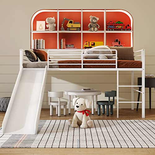 Giantex Twin Loft Bed with Slide, Metal Low Bunk Bed w/Safety Guardrails & Built-in Ladder, Toddler Bed Floor Frame for Boys & Girls, No Box Spring Needed (White)