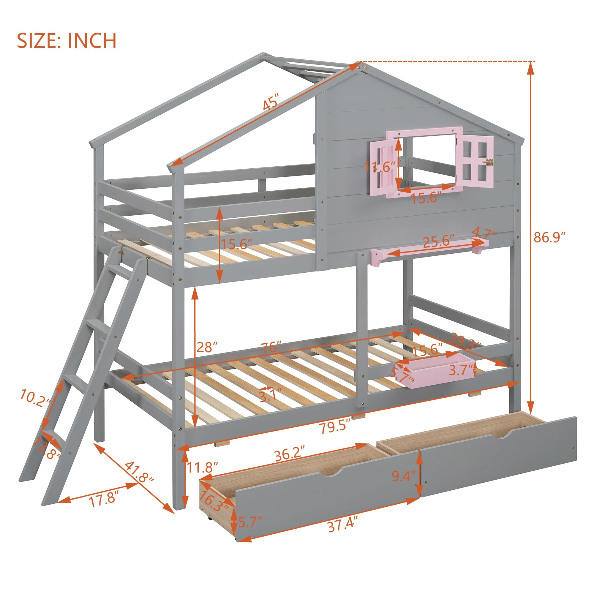 Harper & Bright Designs Twin Size House Bed Low Loft Bed Wood Frame with Storage Cabinet and Drawers, Playhouse Bed for Kids Girls Boys (White)