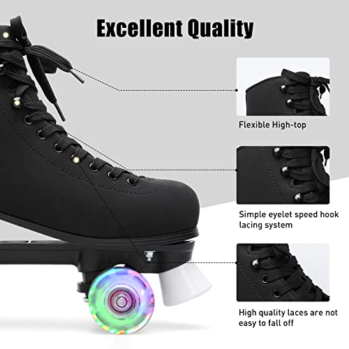 FEETCITY Womens Roller Skates High-Top Double-Row Leather Roller Skates for Girls Boys for Indoor Outdoor Size 9 Black
