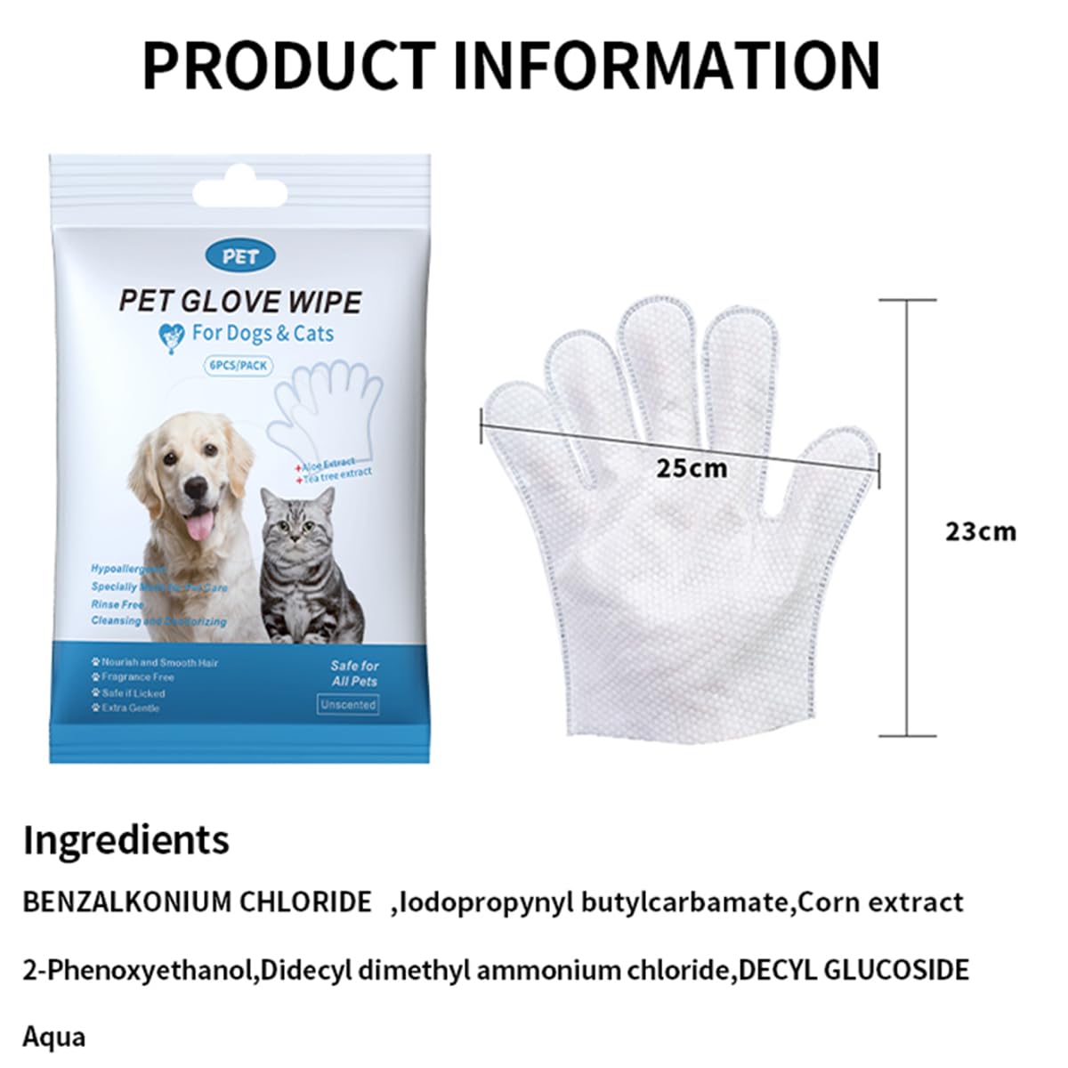 Coldcool 6 PCS Pet Bathing Wipes for Dogs and Cats, Cleaning, Deodorizing Grooming Gloves, Wipes Gloves for Dog and Cat Fur Face, Ear, Eye, Paws Cleaning Wipes Pet Wash Free Gloves